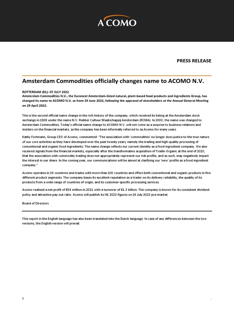 Connect - 220707 Press Release Amsterdam Commodities Officially Changes ...