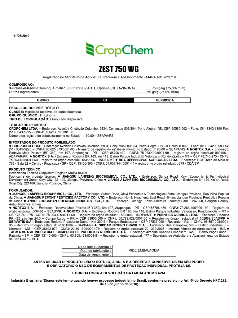 Zest 750 WG Bula 11 03 19. | PDF | Embalagem e rotulagem | Ferimento