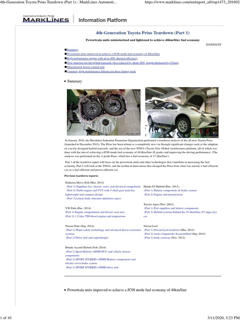 4th-Generation Toyota Prius Teardown (Part 1) - MarkLines Automotive Industry Portal | PDF ...