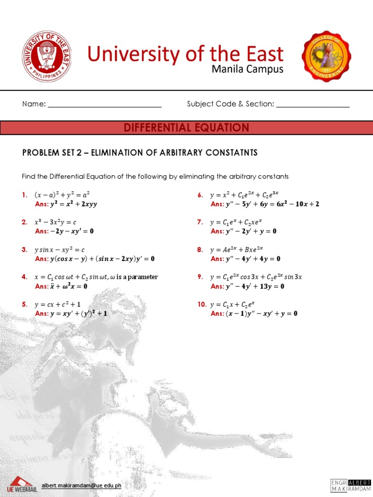 Problem Set 2 - Elimination of Arbitrary Constants | PDF Problem Set 2 - Elimination of Arbitrary Constants | PDF