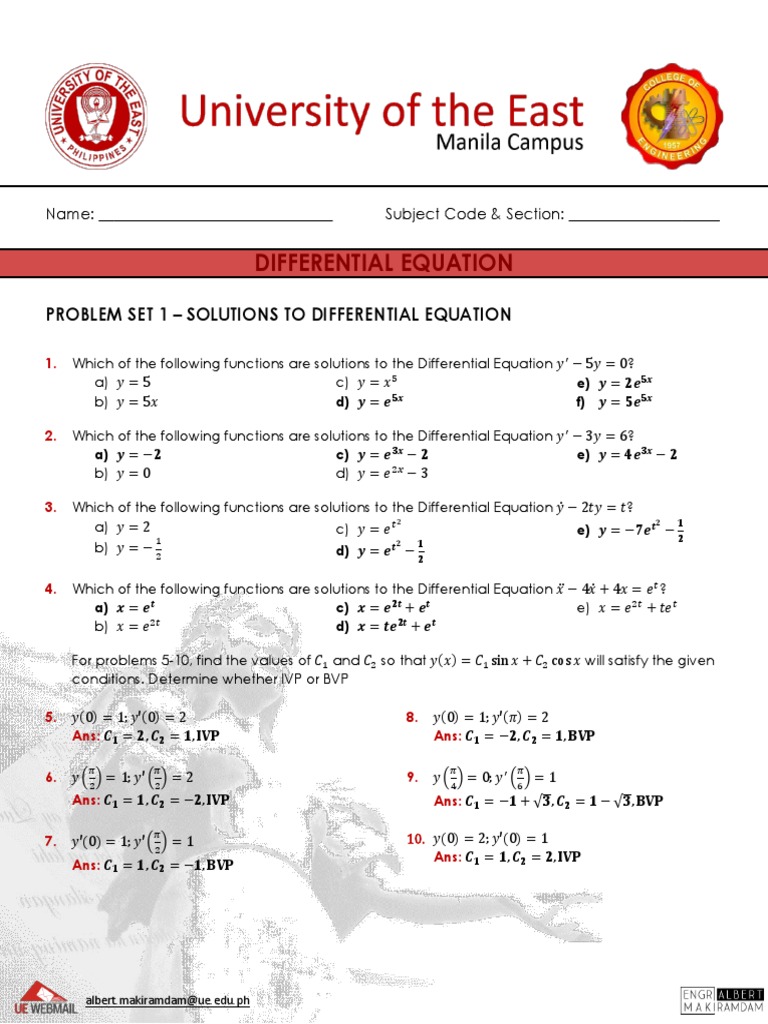 Problem Set 1 - Solutions To Differential Equation | PDF | Equations | Differential Equations