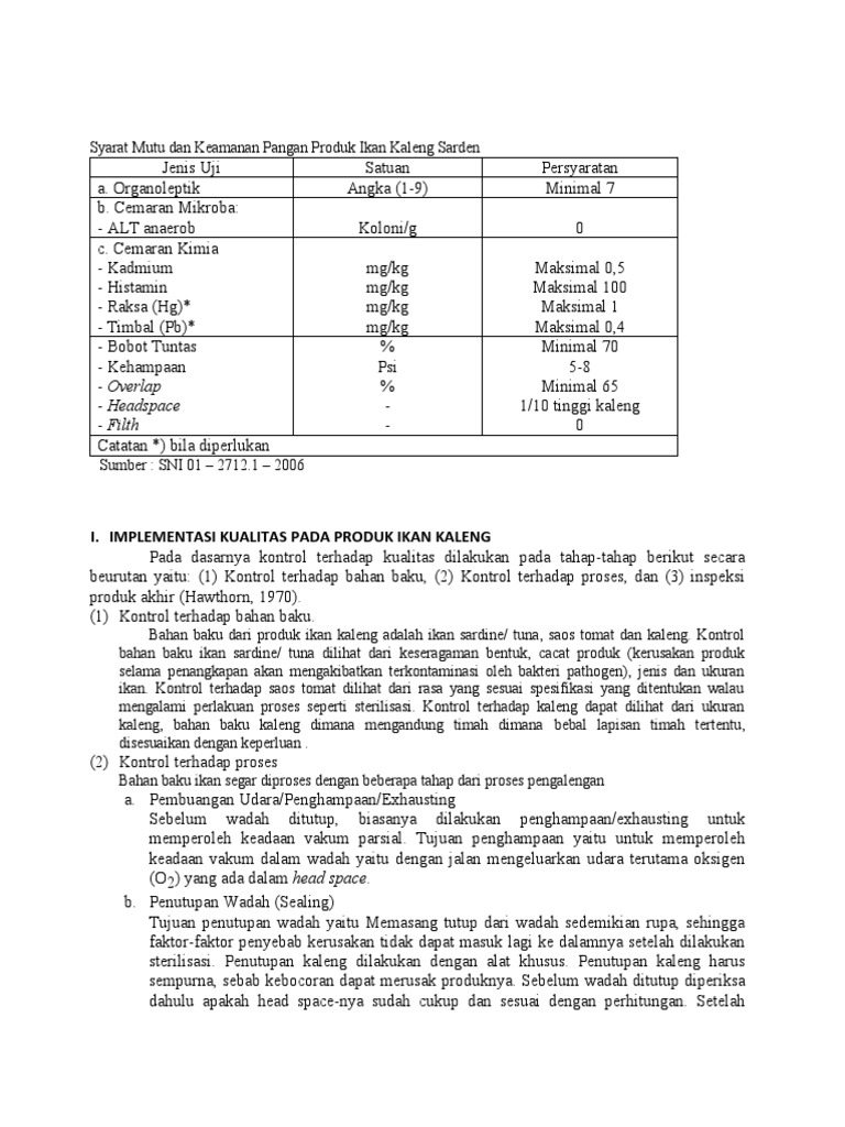 Syarat Mutu Dan Keamanan Pangan Produk Ikan Kaleng Sarden | PDF