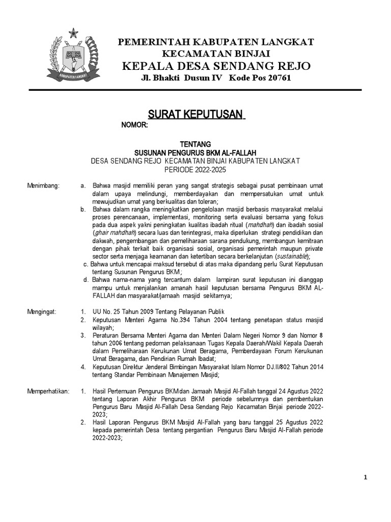 SK Pengurus Takmir Masjid 2016-2019 | PDF