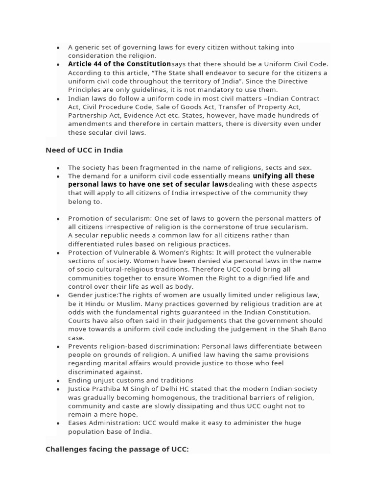 Need of UCC in India: Article 44 of The Constitution | PDF | Justice ...