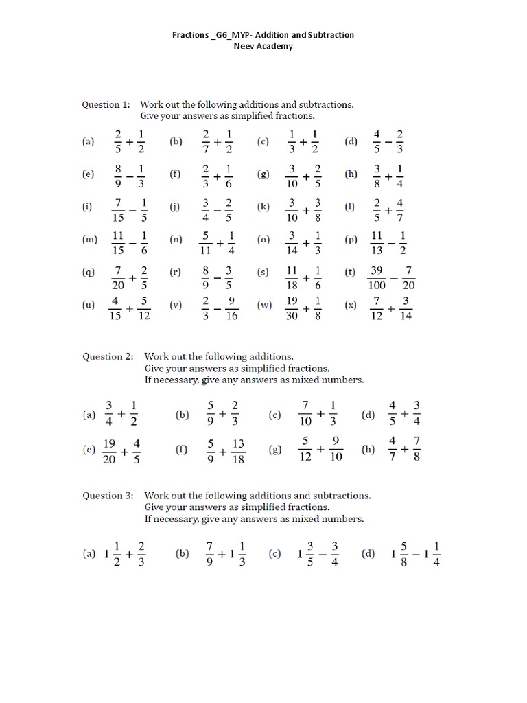 Grade 6 Fractions: Add & Subtract | PDF