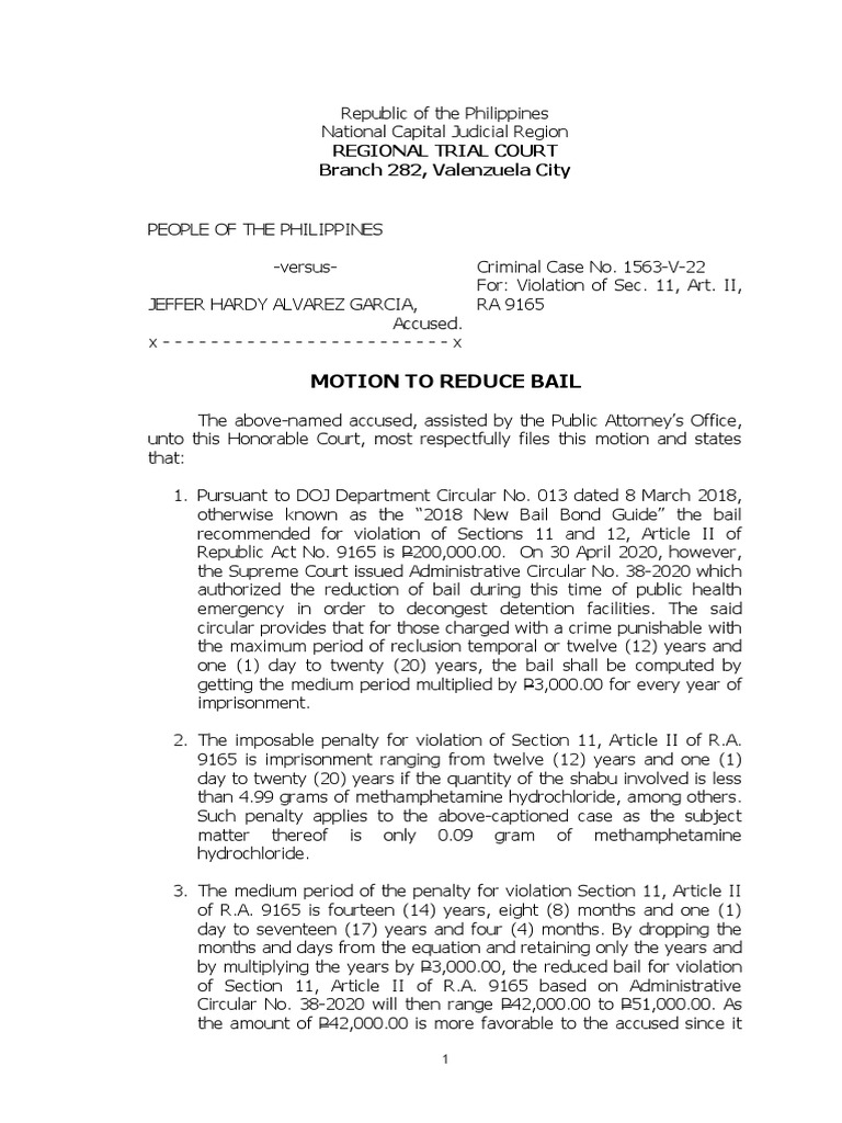 Motion To Reduce Bail Garcia | PDF | Bail | Detention (Imprisonment)