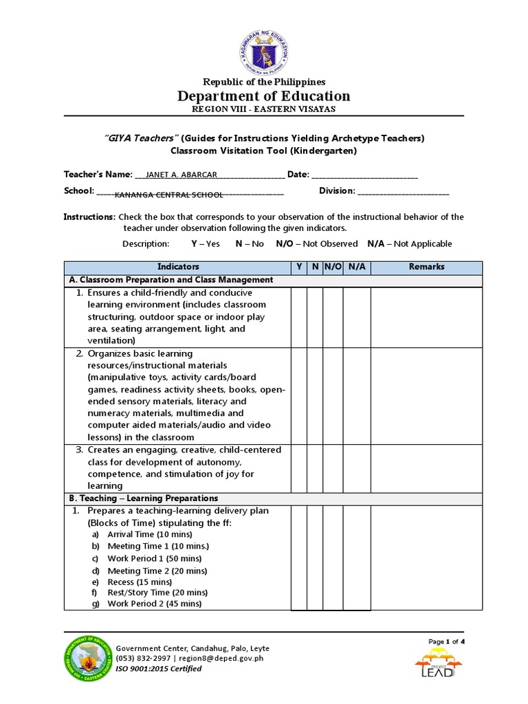 Kinder - GIYA Teachers Classroom Visitation Tool | PDF | Learning ...