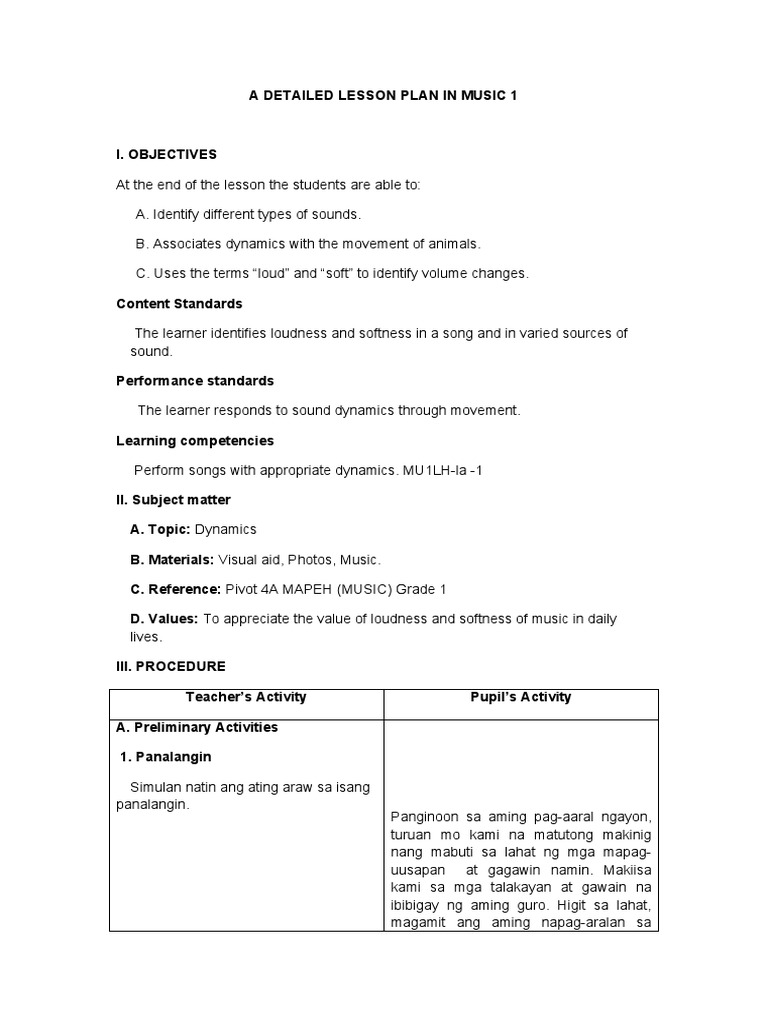 A Detailed Lesson Plan in Music 1 | PDF