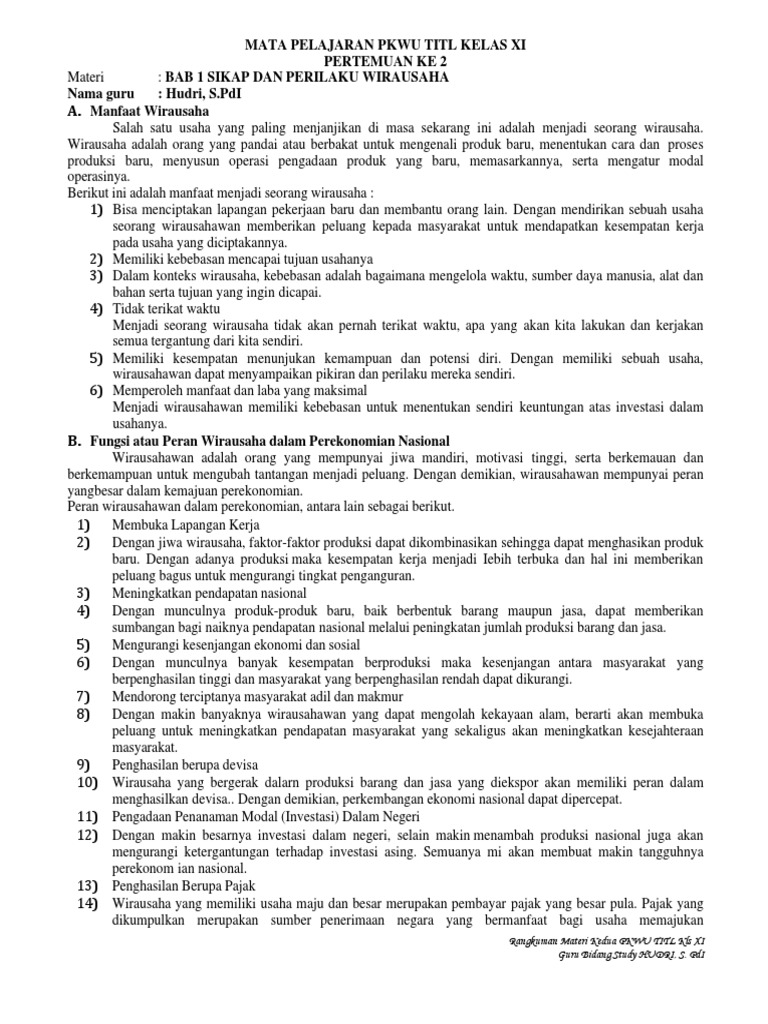 MATA PELAJARAN PKWU TITL KELAS XI Pertemuan Ke 2 | PDF