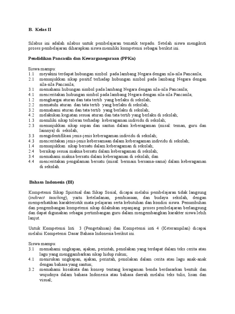 Silabus Pembelajaran Tematik Kelas II | PDF