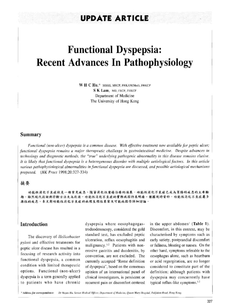 Functional Dyspepsia: Recent Advances in Pathophysiology: Update Article | PDF | Indigestion ...