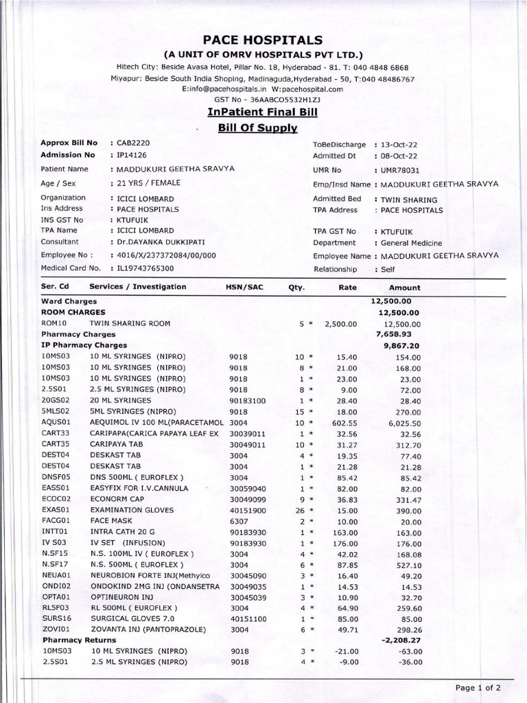 Final Bill and Discharge Summary of Pt-m.geetha Sravya_0001 | PDF