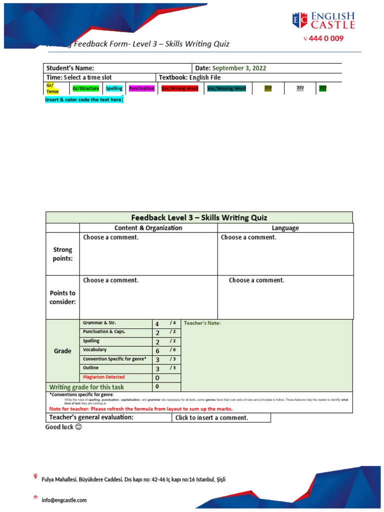 Writing Quiz Feedback FormRubric | PDF | Written Communication | Learning