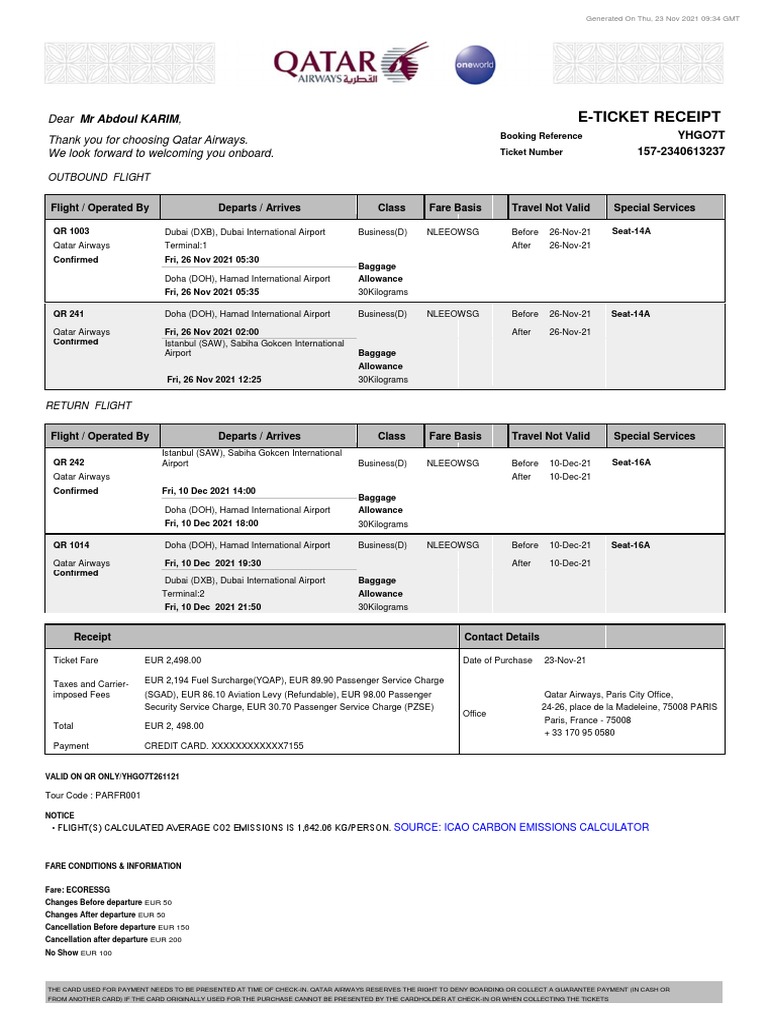 Abdoul Karim Itinerary Qatar Airways Flight Ticket | PDF | Fee | Credit ...