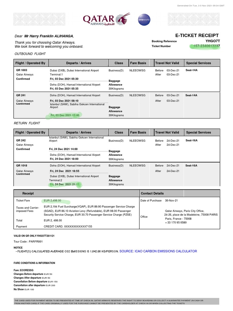 Qatar Airways E-Ticket Receipt | PDF | Fee | Credit Card