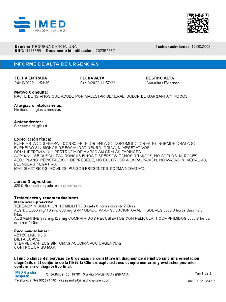 04 - 10 - 2022 11 - 57 - Informe de Alta de Urgencias | PDF | Diagnostico medico | Ciencias de ...