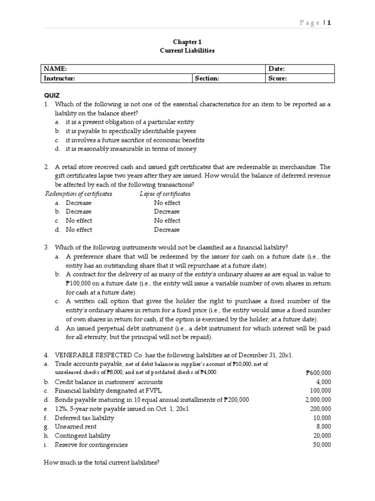 Current Liabilities Quiz and Analysis | PDF | Accounts Payable ...
