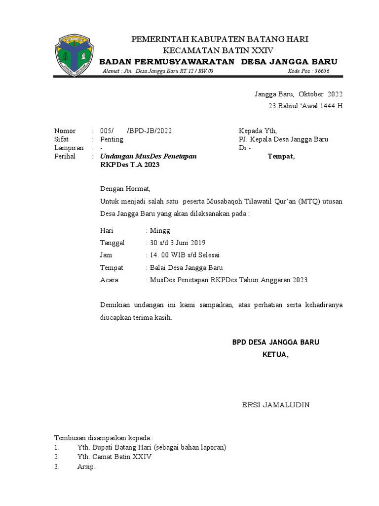 Undangan MusDes RKPDes 2023 Jangga Baru | PDF