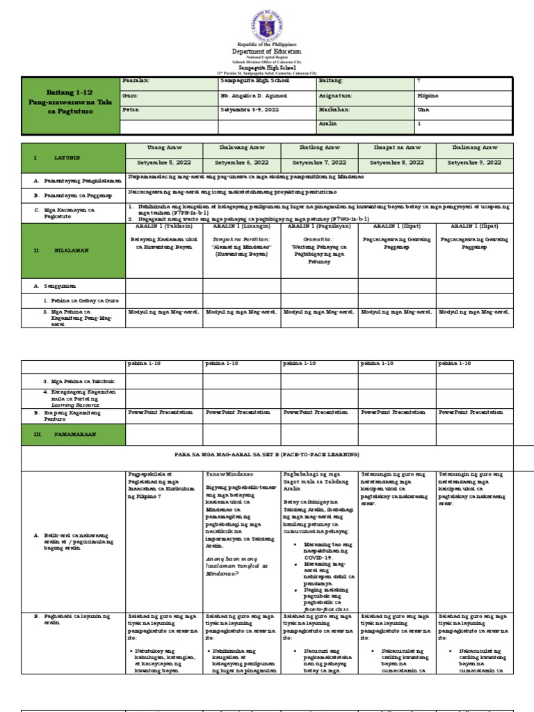 Week 3 - Quarter 1 - DLL - Filipino 7 | PDF