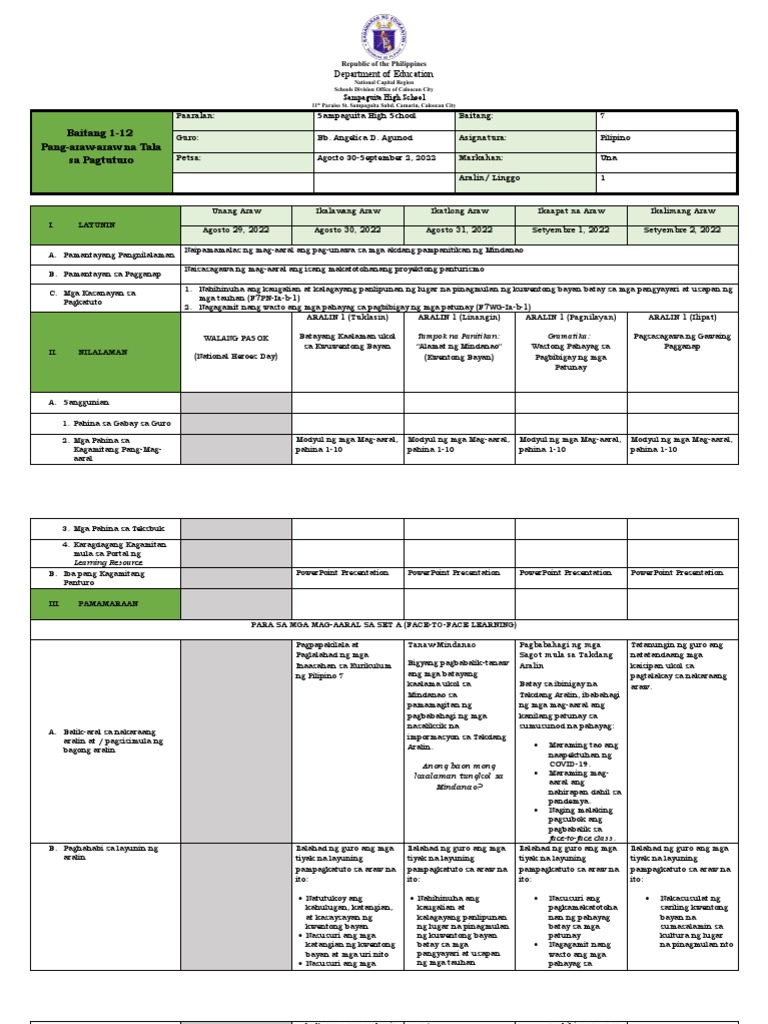 Week 2 - Quarter 1 - DLL - Filipino 7 | PDF
