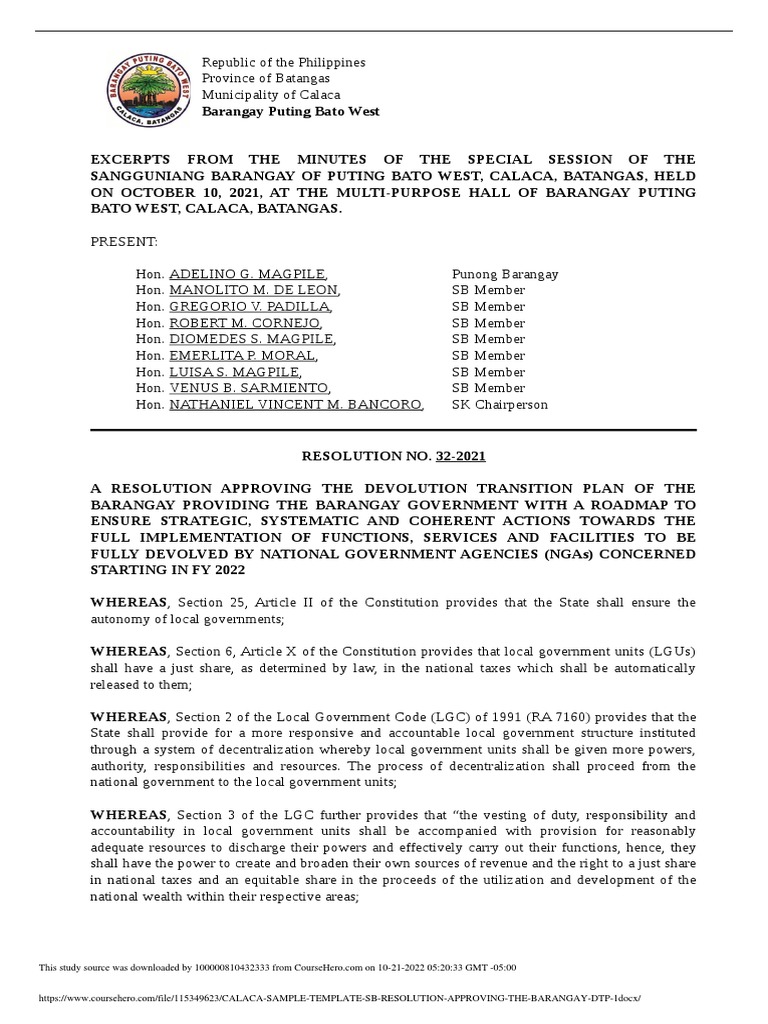 Calaca Batangas Barangay DTP Resolution | PDF | Devolution | Public Sphere