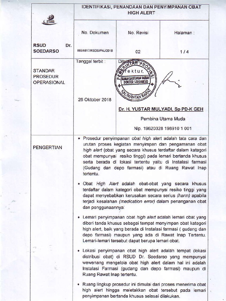 Sop 14 Identifikasi Penandaan Dan Penyimpanan Obat High Alert Pdf