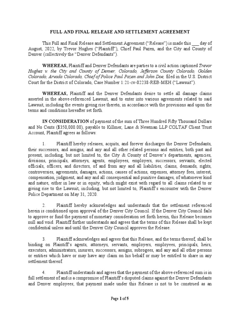 Trevor Hughes: Denver Settlement Agreement | PDF | Lawsuit | Liability ...