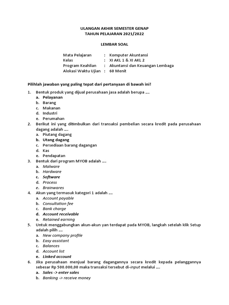 Soal Ulangan Akhir Semester Genap 2022 Komputer Akuntansi Kelas Xi Akl | PDF