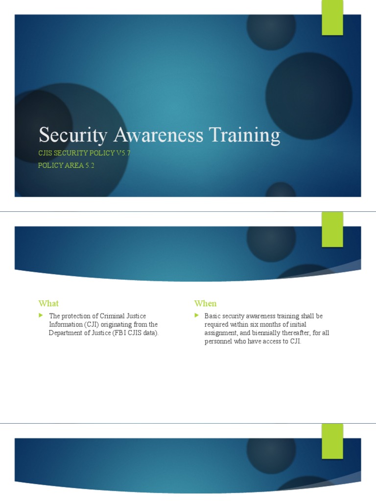 Security Awareness Training: Cjis Security Policy V5.7 Policy Area 5.2 ...