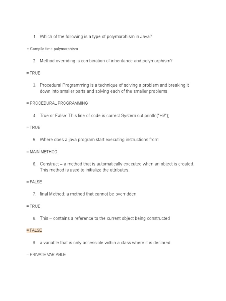 Java Oop Concepts Quiz Answers Pdf Class Computer Programming Method Computer Programming