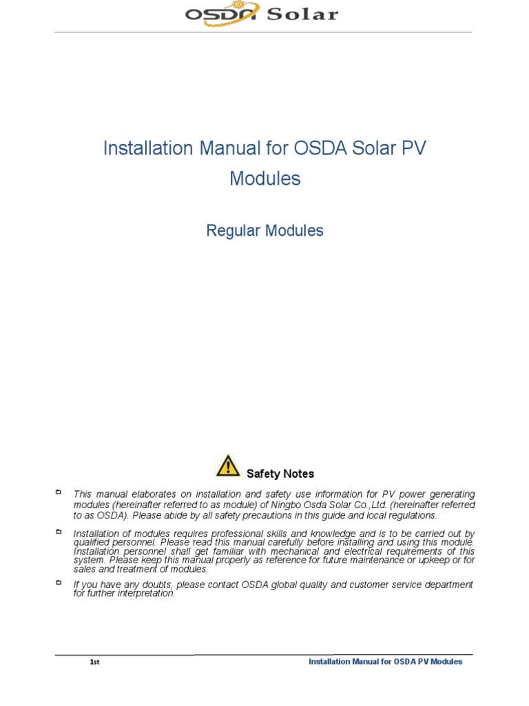 Osda Solar Module - Installation Manual | PDF | Solar Panel ...
