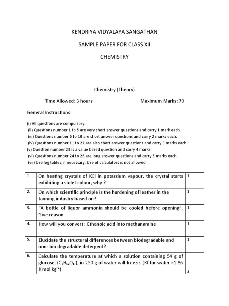 Kendriya Vidyalaya Sangathan Sample Paper For Class Xii Chemistry | PDF | Acid | Chlorine