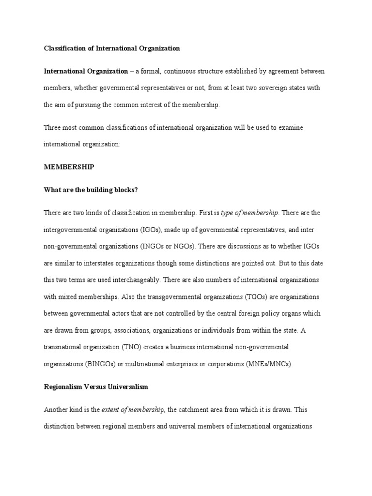 Classification of International Organization | PDF | Non Governmental ...