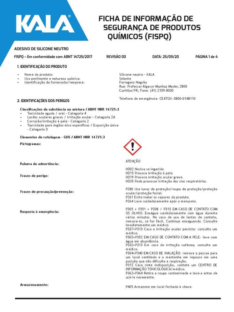 FISPQ: Adesivo Silicone Neutro KALA | PDF | Química