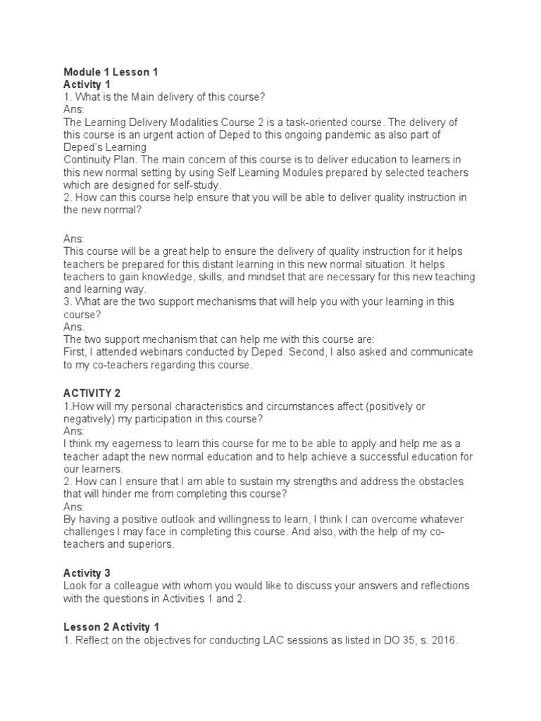 Answers To Modules | PDF | Learning | Curriculum