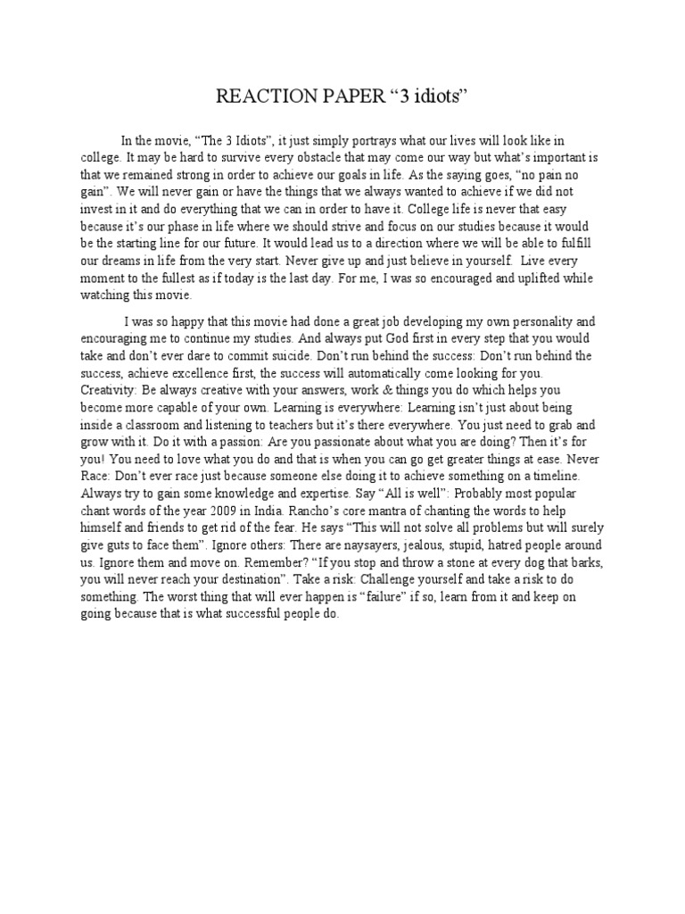 REACTION PAPER On 3 Idiots | PDF
