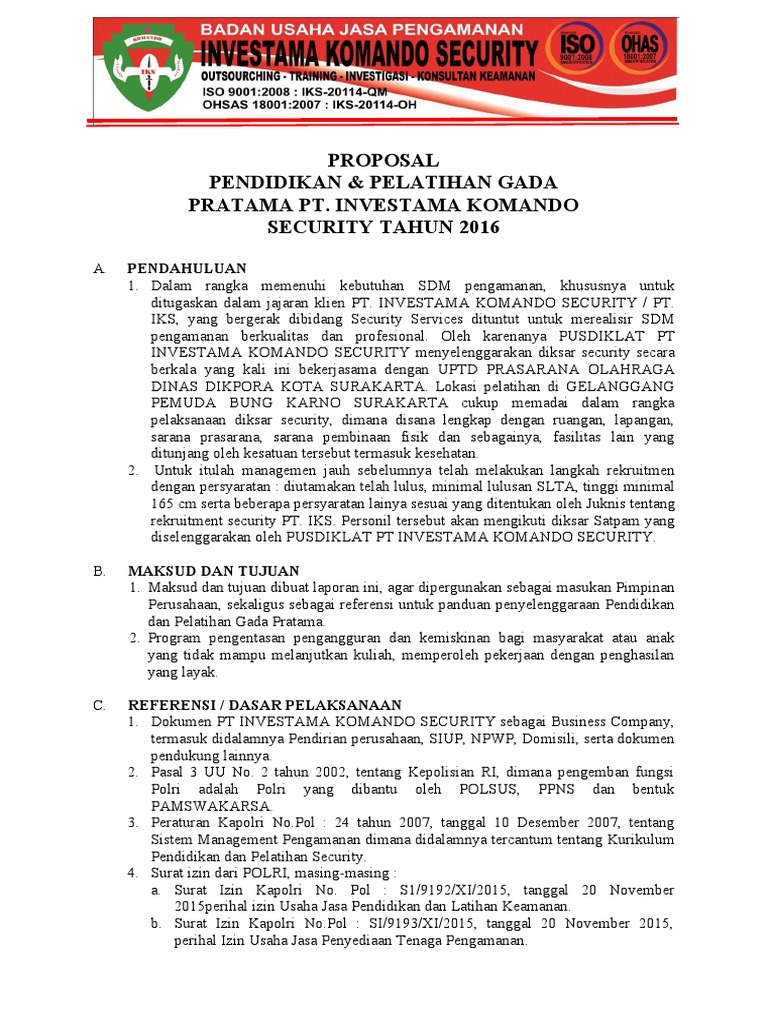 Proposal Pendidikan Pelatihan Gada Pratama PT Investama Komando Security Tahun 2016 | PDF