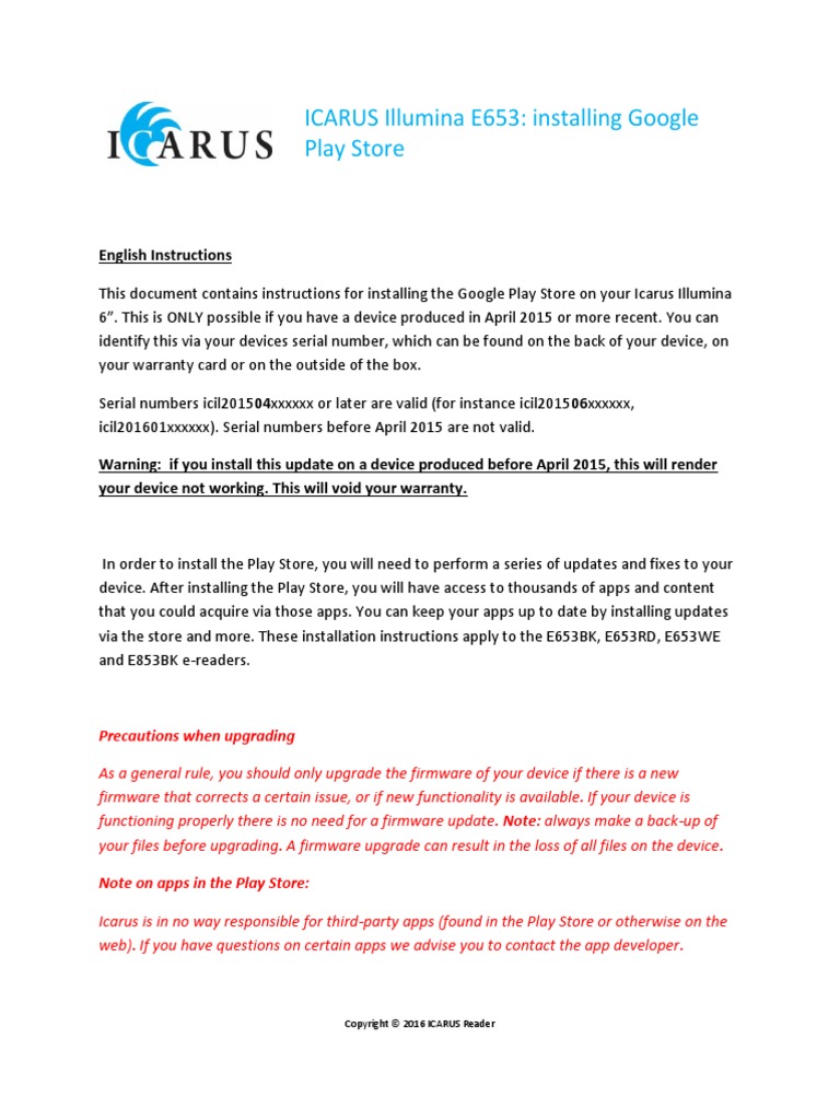 ICARUS Illumina E653 Only Google Play Installation | PDF | E Reader | Google Play