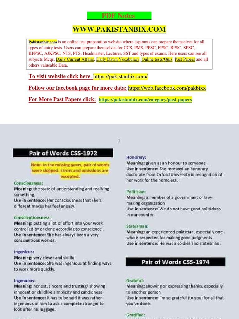 Solved Pair of Words From CSS Past Papers 1972-2018 | PDF