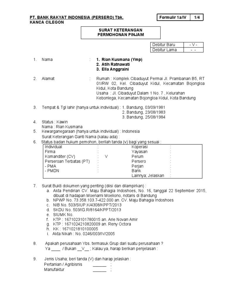 Formulir Permohonan Kredit BRI Cilegon | PDF