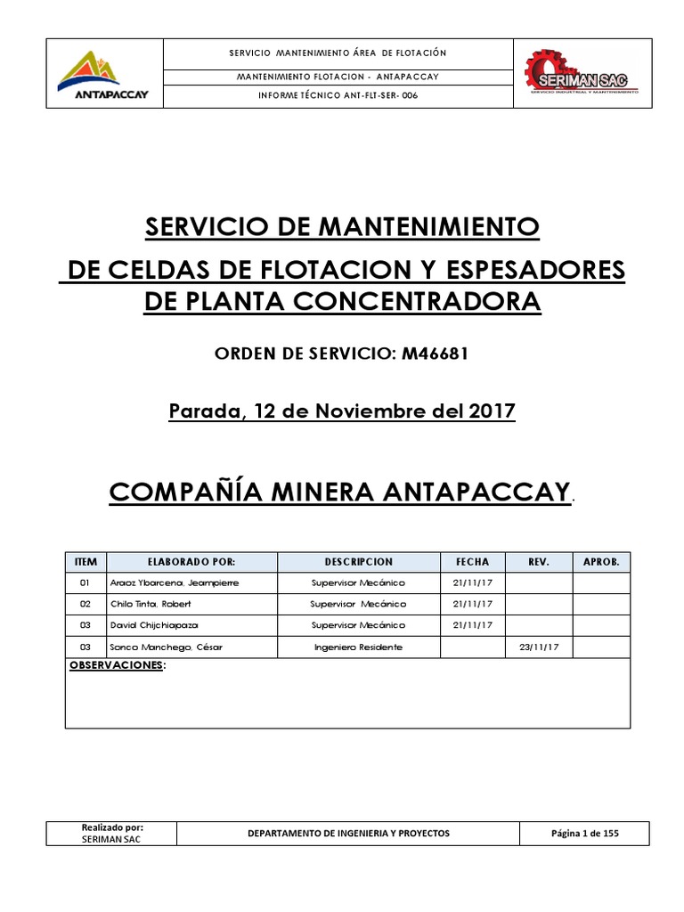 Informe Mantto de Celdas de Flotacion Seriman Nov 12 v1 PDF | PDF ...