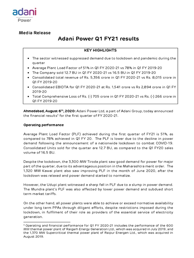 Adani Power Limited Q1 FY 2020-21 Results Press Release | PDF | Power ...