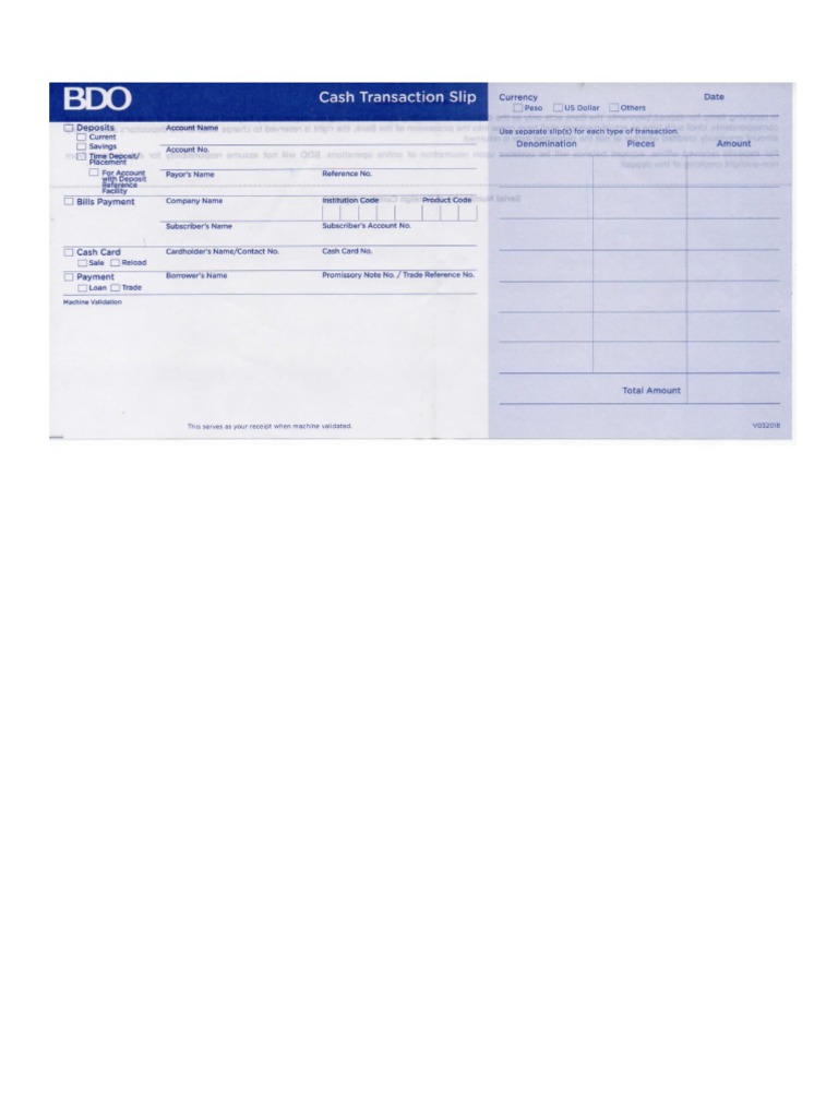 BDO Cash Transaction Slip | PDF