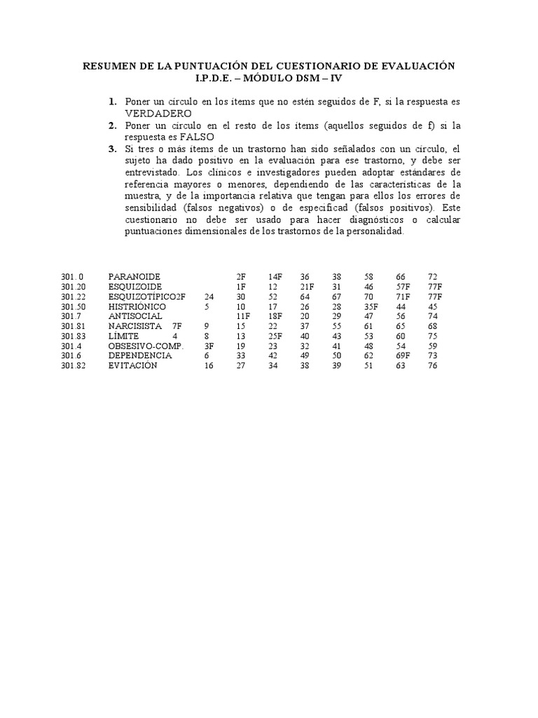 Ipde - Correccion - DSM IV | PDF