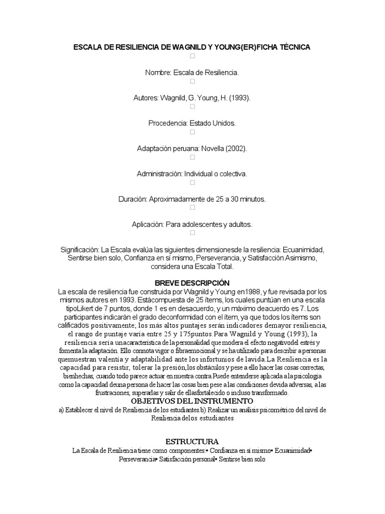Escala de Resiliencia de Wagnild y Young | PDF | Validez (Estadísticas) | Resiliencia psicológica