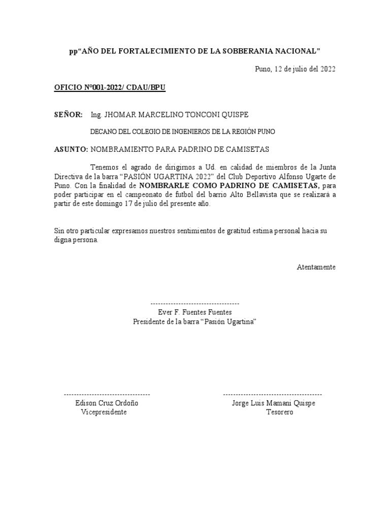 Oficio para Nombramiento de Padrino | PDF