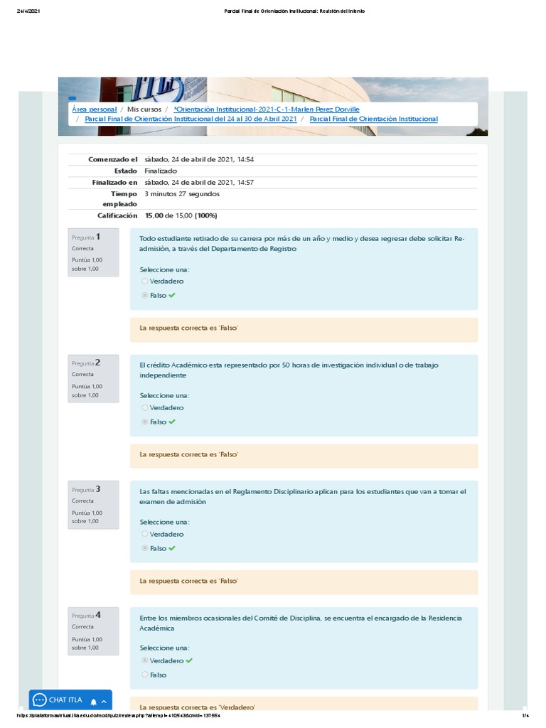 Parcial Final de Orientación Institucional - Revisión Del Intento | PDF