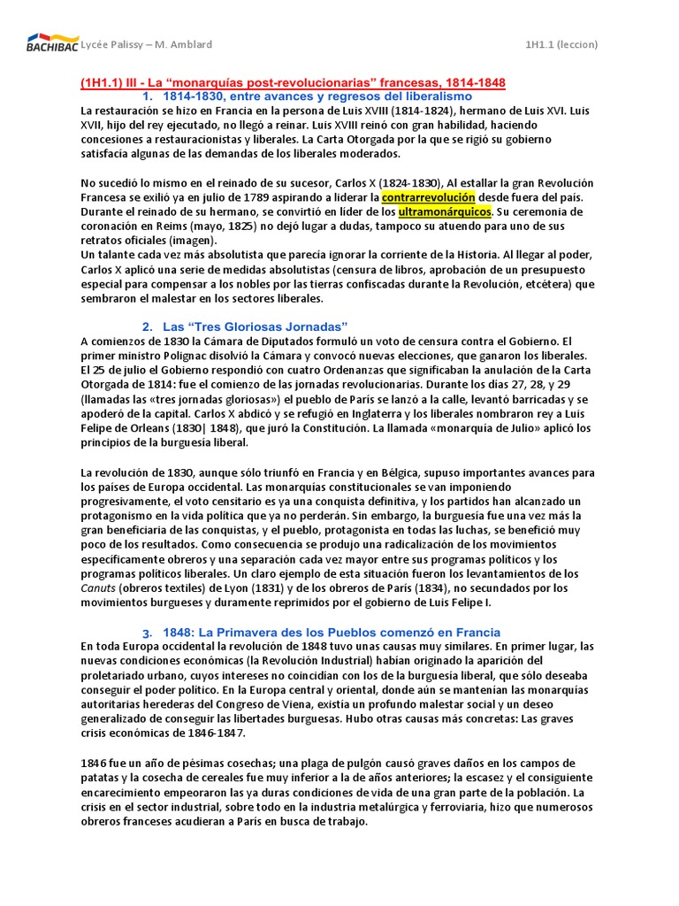Historia Bachibac Première Tema 1 (Francia 1814-1848) | PDF | Gobierno