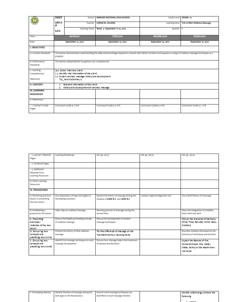 DLL Wellness WK 4 | PDF | Massage | Curriculum