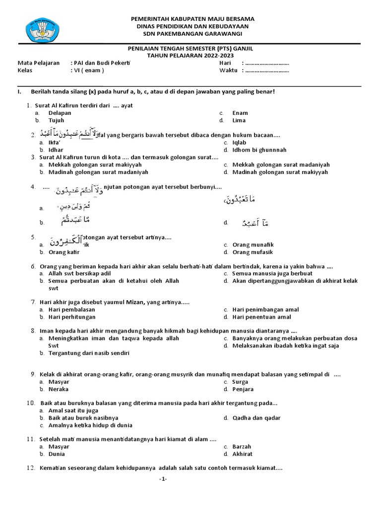 Soal PTS 1 PAIBP Kelas 6 K13 2022 | PDF